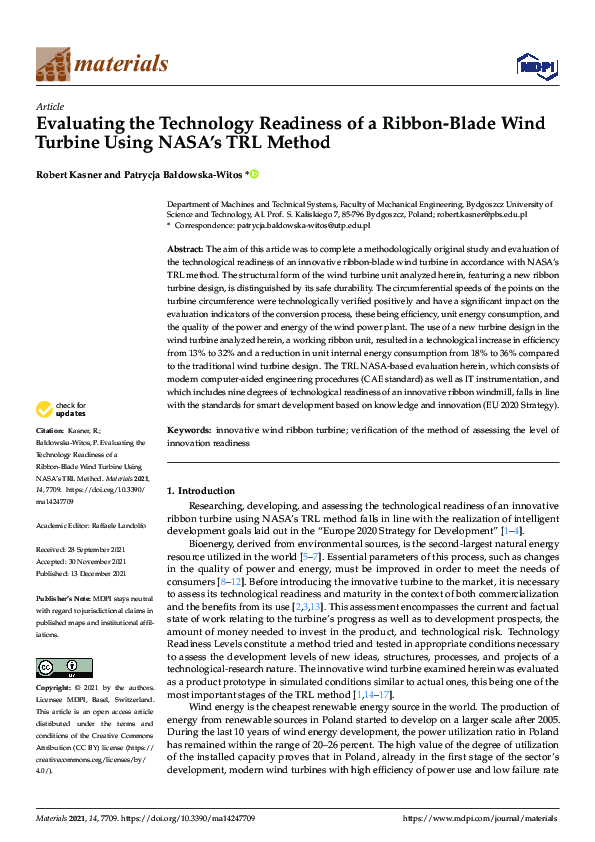 (PDF) Evaluating the Technology Readiness of a Ribbon-Blade Wind Turbine Using NASA’s TRL Method