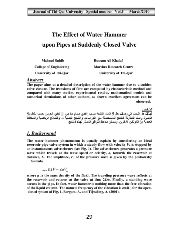 (PDF) The Effect of Water Hammer upon Pipes at Suddenly Closed Valve