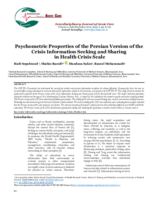 (PDF) Psychometric Properties of the Persian Version of the Crisis Information Seeking and ...