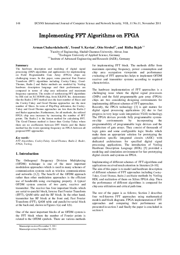 (PDF) Implementing FFT Algorithms on FPGA
