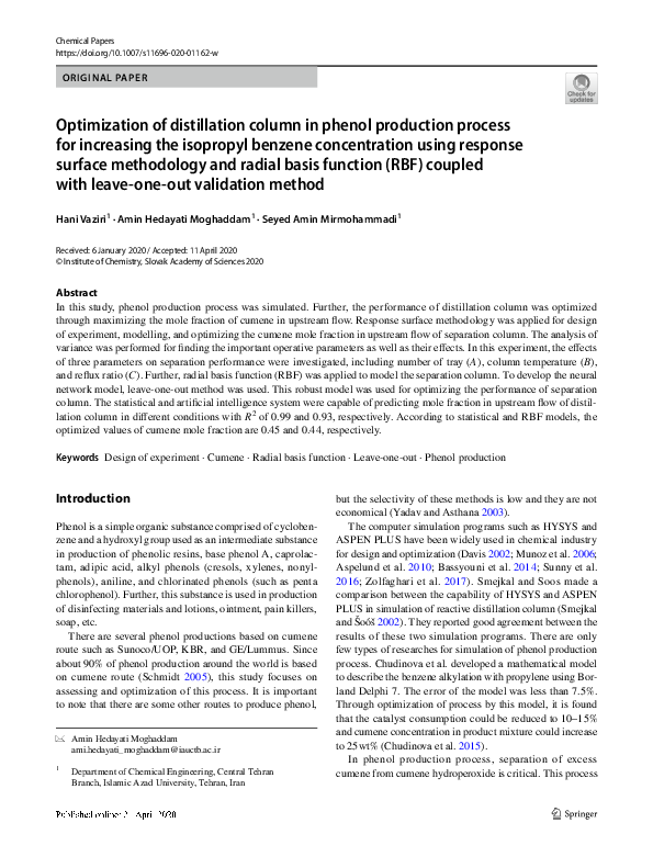 (PDF) Optimization of distillation column in phenol production process ...