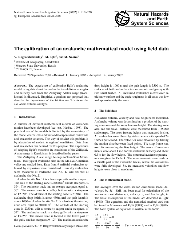 (PDF) The calibration of an avalanche mathematical model using field data