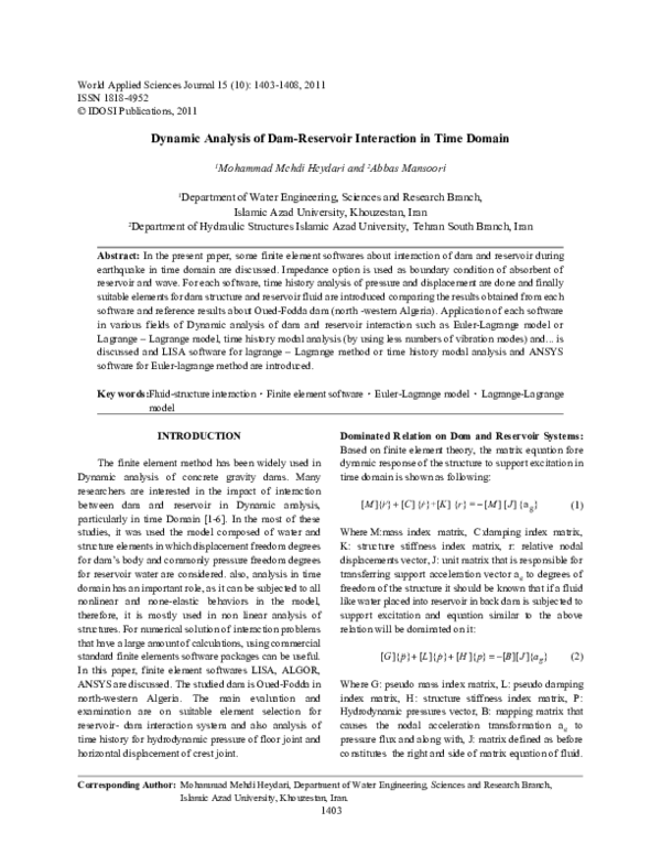 (PDF) Dynamic Analysis of Dam-Reservoir Interaction in Time Domain
