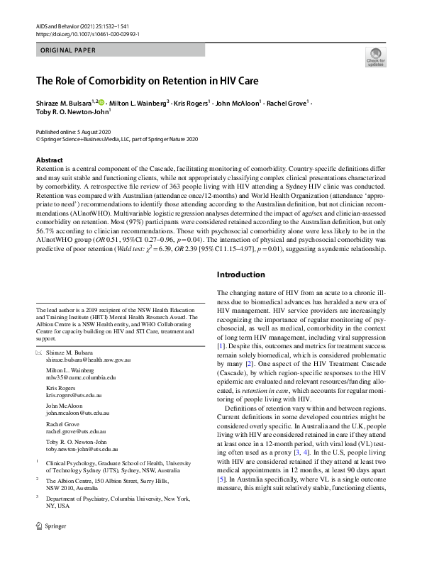 (PDF) The Role of Comorbidity on Retention in HIV Care