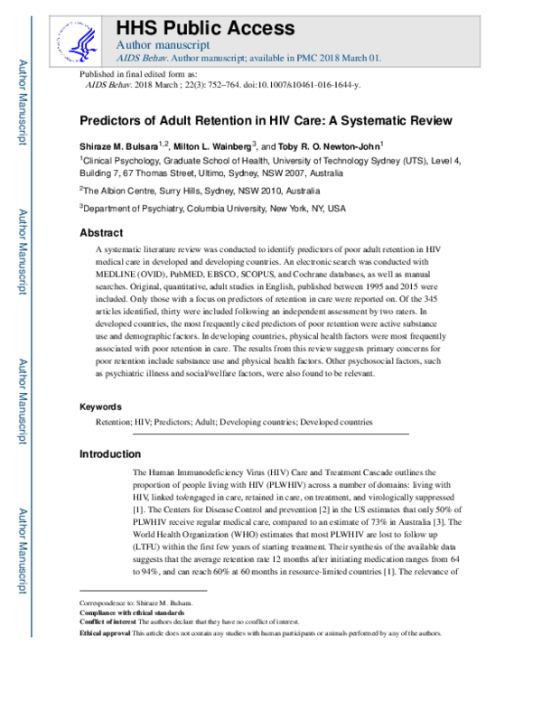 (PDF) Predictors of Adult Retention in HIV Care: A Systematic Review