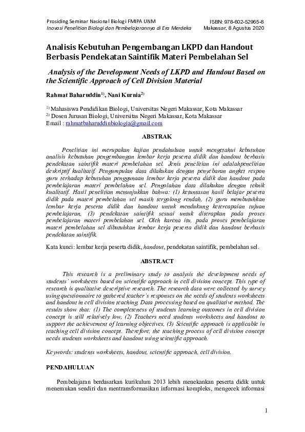 (PDF) Analisis Kebutuhan Pengembangan LKPD dan Handout Berbasis Pendekatan Saintifik Materi ...