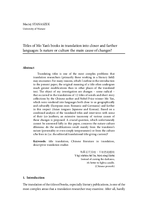 (PDF) Titles of Mo Yan’s books in translation into closer and farther ...