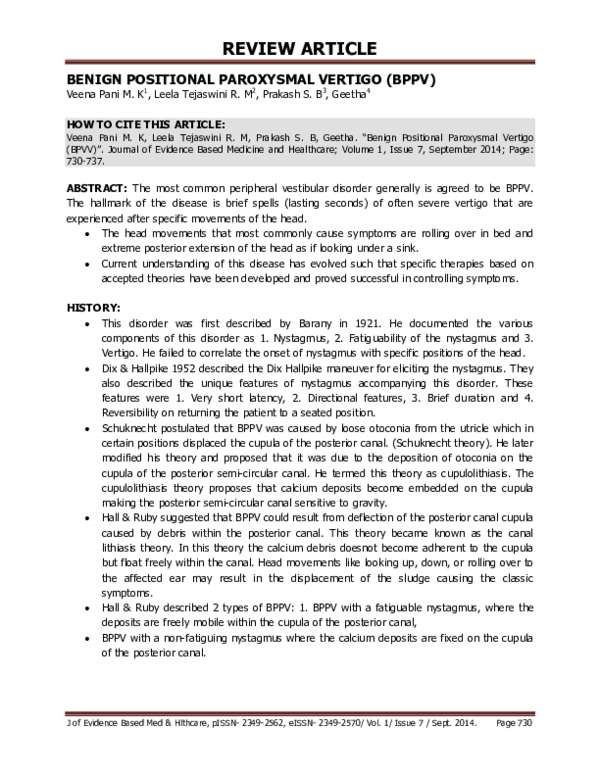 (PDF) Benign Positional Paroxysmal Vertigo (BPPV)