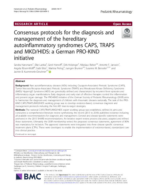 (PDF) Consensus protocols for the diagnosis and management of the hereditary autoinflammatory ...