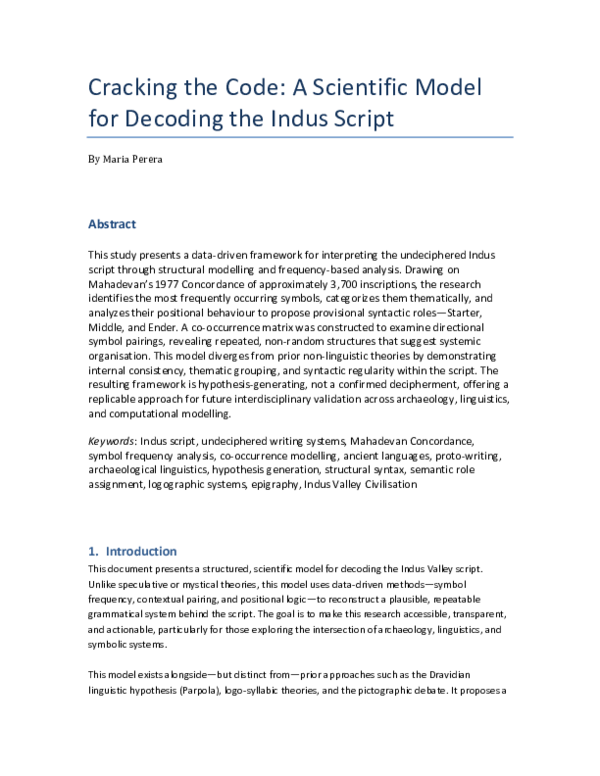 (PDF) Cracking the Code: A Scientific Model for Decoding the Indus Script