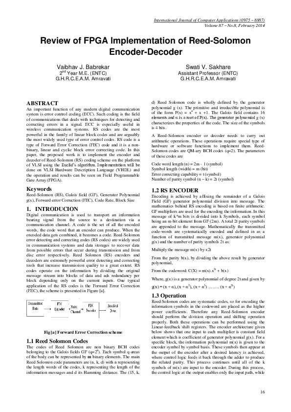 (PDF) Review of FPGA Implementation of Reed-Solomon Encoder-Decoder