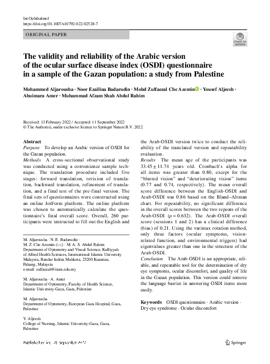 (PDF) The validity and reliability of the Arabic version of the ocular surface disease index ...