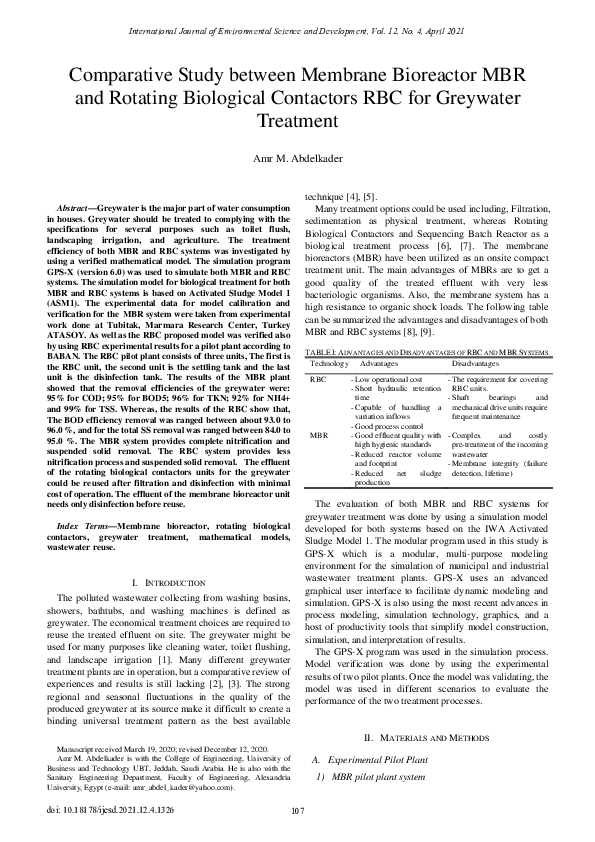 (PDF) Comparative Study between Membrane Bioreactor MBR and Rotating ...