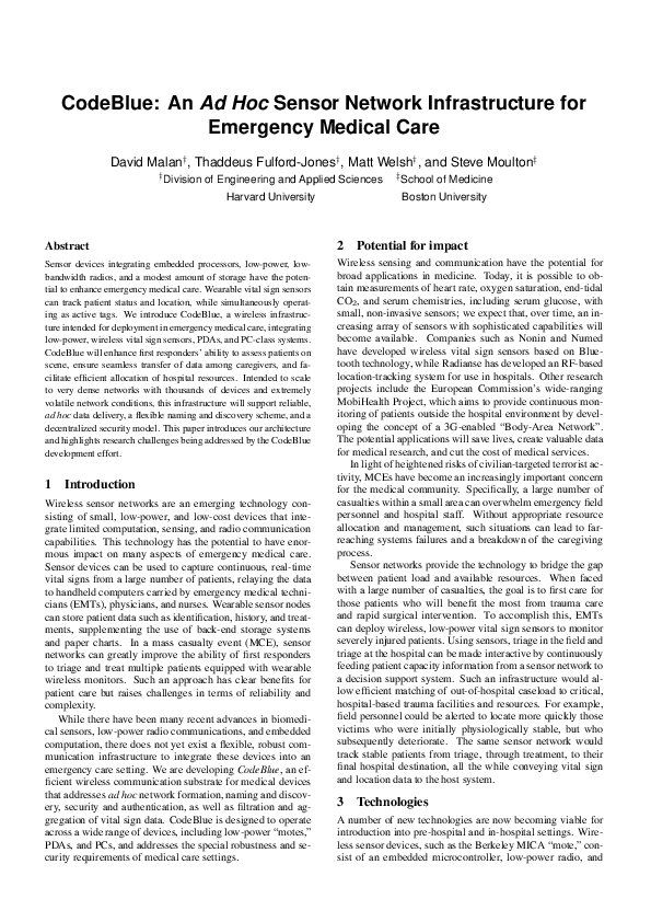 Pdf Codeblue An Ad Hoc Sensor Network Infrastructure For Emergency Medical Care