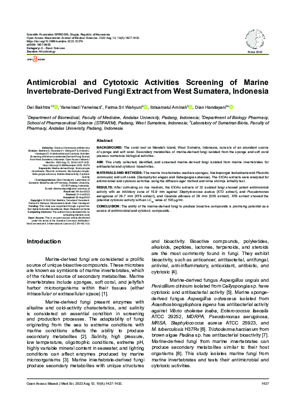(PDF) Antimicrobial and Cytotoxic Activities Screening of Marine Invertebrate-Derived Fungi ...