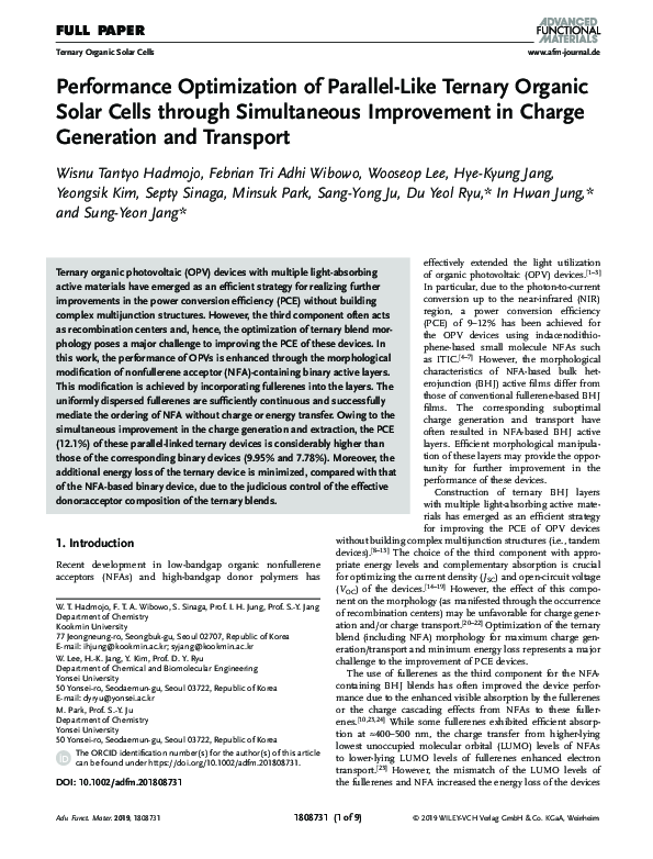 (PDF) Performance Optimization of Parallel‐Like Ternary Organic Solar ...