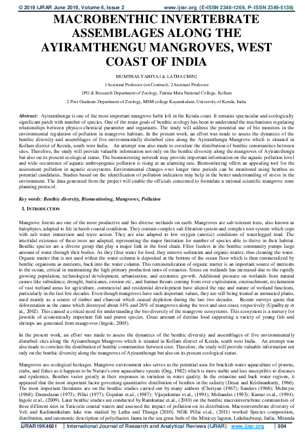 (PDF) MACROBENTHIC INVERTEBRATE ASSEMBLAGES ALONG THE AYIRAMTHENGU ...