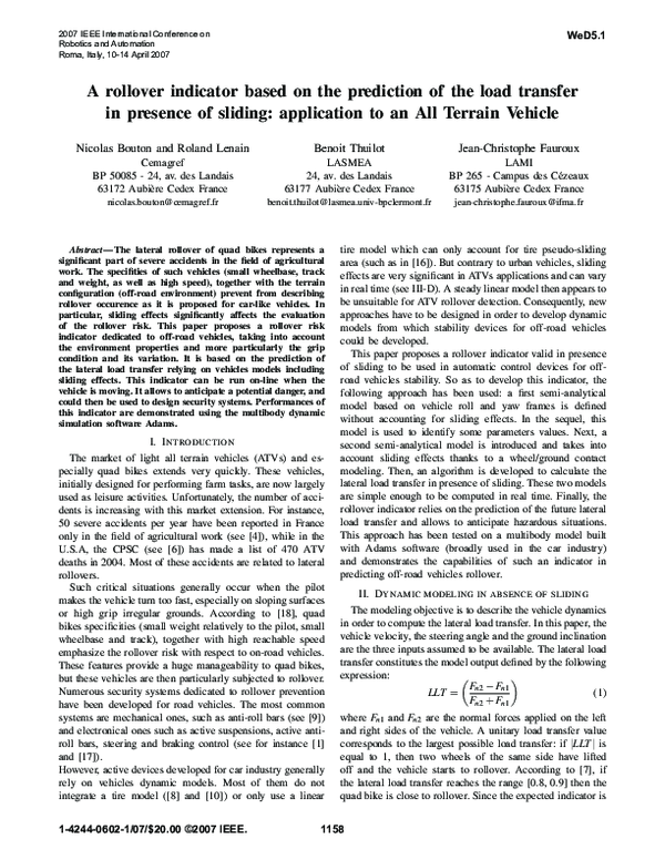(PDF) A rollover indicator based on the prediction of the load transfer ...