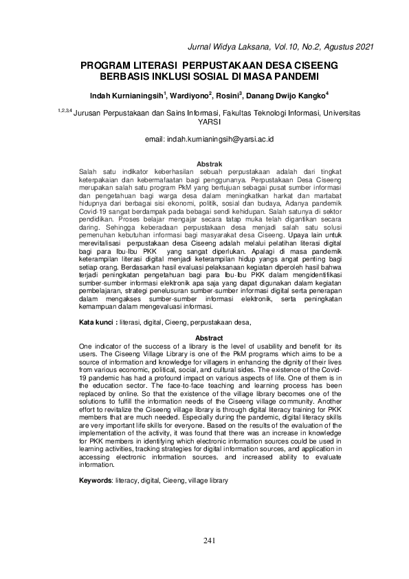 (PDF) Program Literasi Perpustakaan Desa Ciseeng Berbasis Inklusi Sosial Di Masa Pandemi
