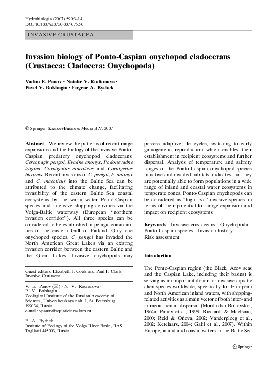 (PDF) Invasion biology of Ponto-Caspian onychopod cladocerans (Crustacea: Cladocera: Onychopoda)