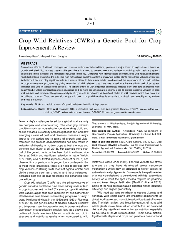(PDF) Crop Wild Relatives (CWRs) a Genetic Pool for Crop Improvement: A ...