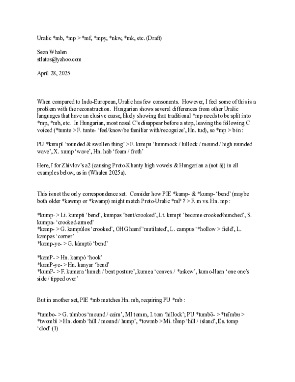 (PDF) Uralic *mb, *mp > *mf, *mpy, *nkw, *mk, etc. (Draft)