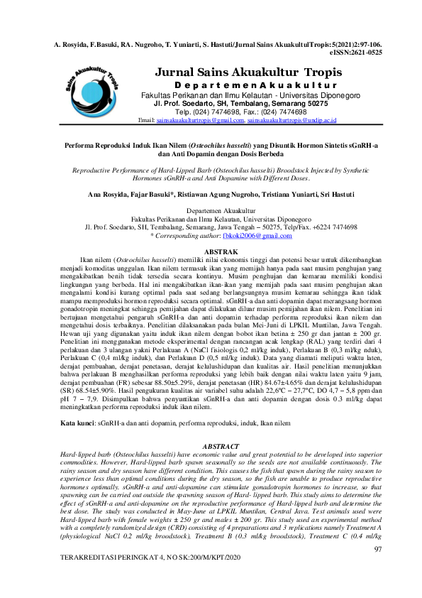 (PDF) Performa Reproduksi Induk Ikan Nilem (Osteochilus hasselti) yang ...