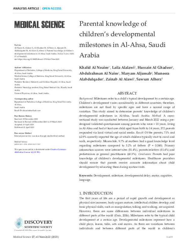 (PDF) Parental knowledge of children’s developmental milestones in Al ...