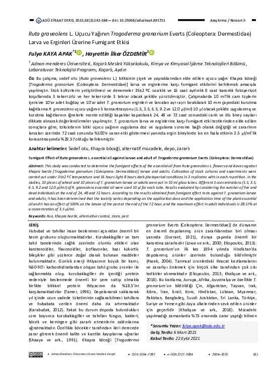 (PDF) Ruta graveolens L. Uçucu Yağının Trogoderma granarium Everts ...