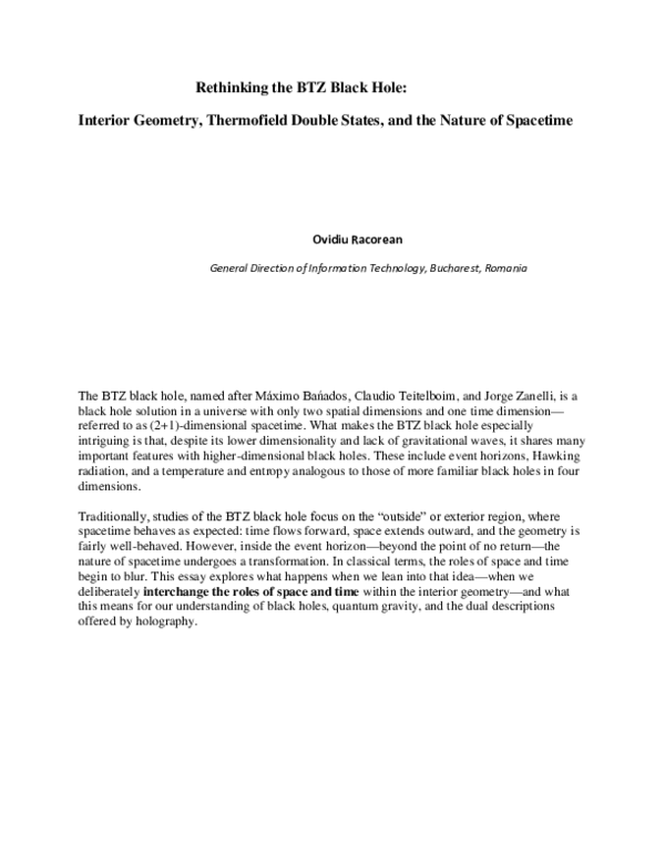 (PDF) Rethinking the BTZ Black Hole: Interior Geometry, Thermofield ...