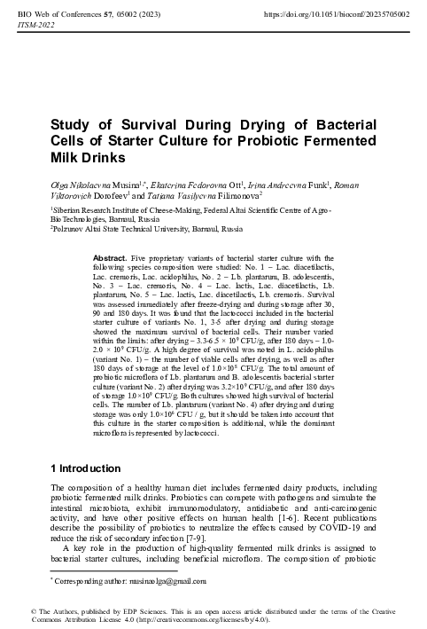 (PDF) Study of Survival During Drying of Bacterial Cells of Starter ...