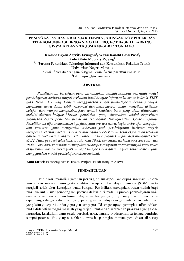 Pdf Peningkatan Hasil Belajar Teknik Jaringan Komputer Dan Telekomunikasi Dengan Model Project