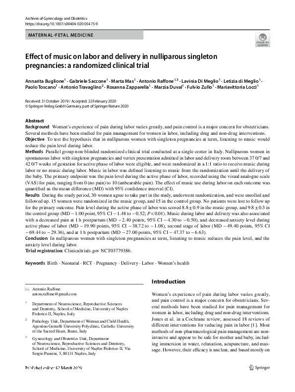 (PDF) Effect of music on labor and delivery in nulliparous singleton ...