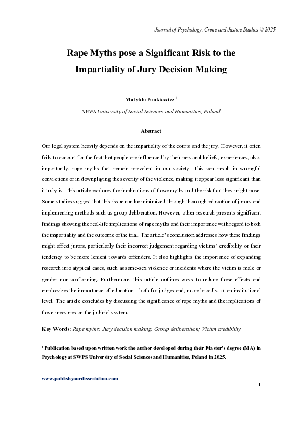 (PDF) Rape Myths pose a Significant Risk to the Impartiality of Jury Decision Making