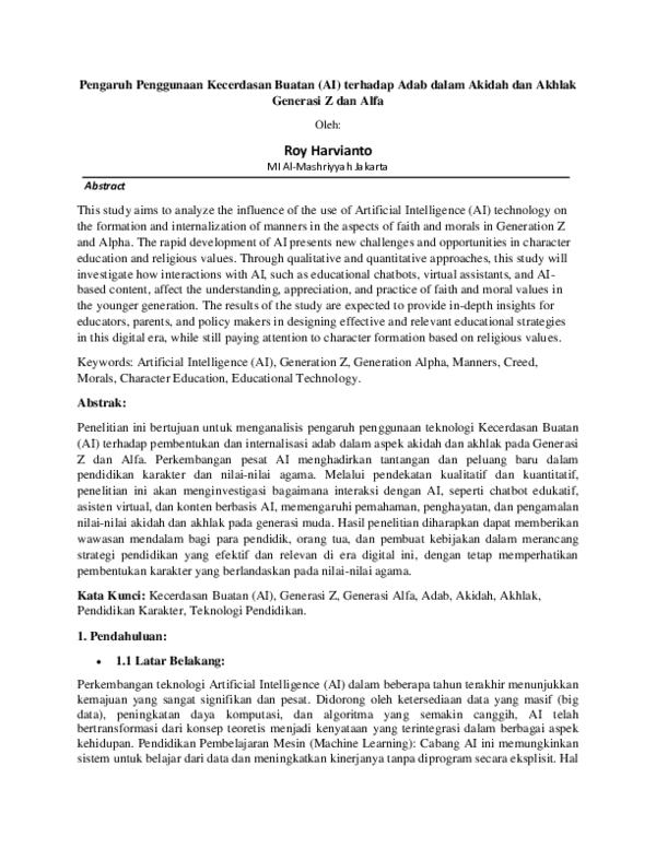 (PDF) Pengaruh Penggunaan Kecerdasan Buatan (AI) terhadap Adab dalam Akidah dan Akhlak Generasi ...