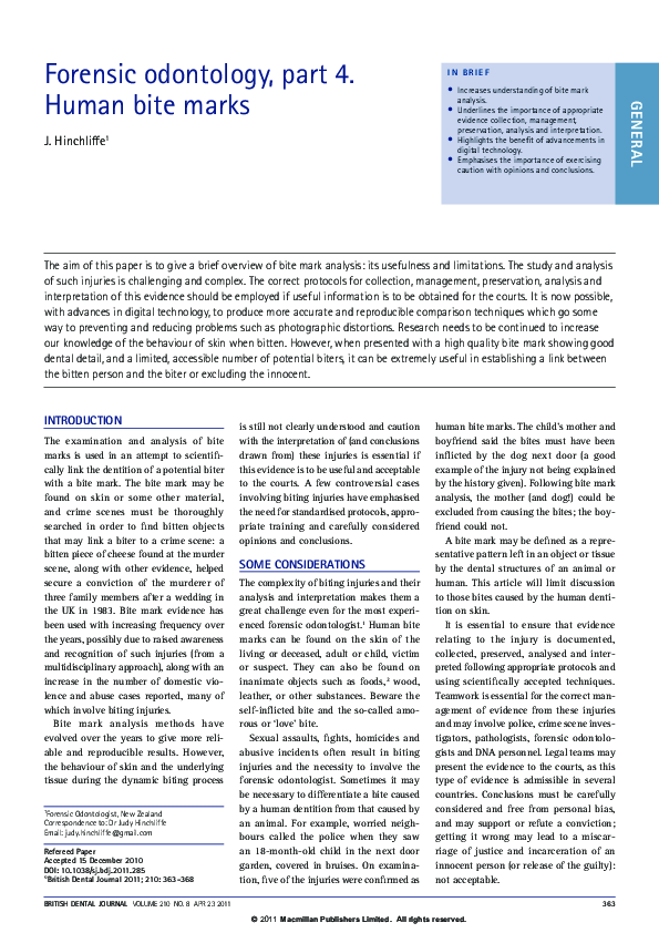 (PDF) Forensic odontology, part 4. Human bite marks