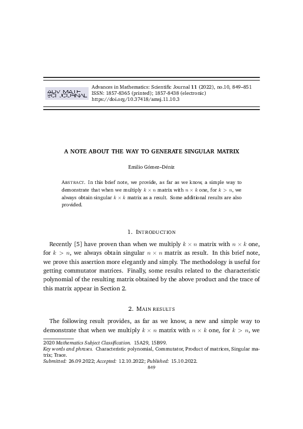 (PDF) A Note About the Way to Generate Singular Matrix