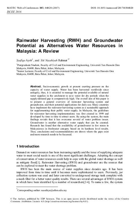 (PDF) Rainwater Harvesting (RWH) and Groundwater Potential as Alternatives Water Resources in ...