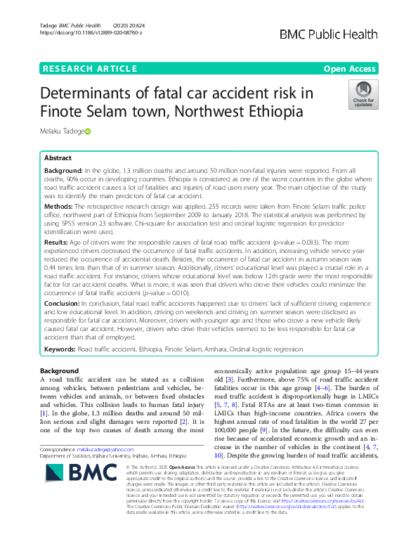 (PDF) Determinants of fatal car accident risk in Finote Selam town, Northwest Ethiopia