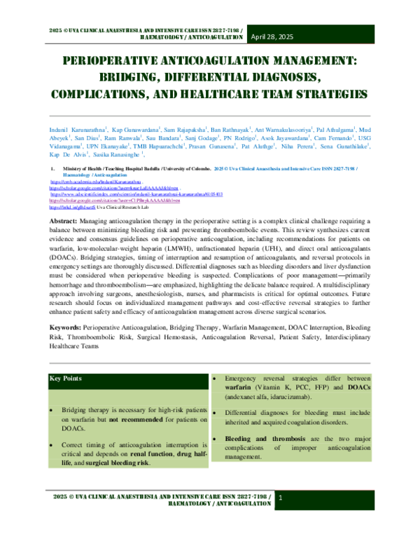(PDF) Perioperative Anticoagulation Management Bridging, Differential ...