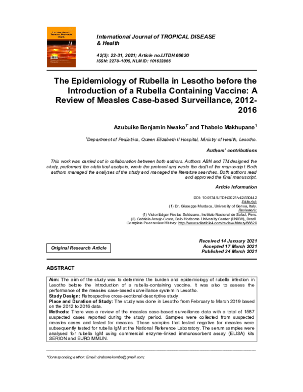 (PDF) The Epidemiology of Rubella in Lesotho before the Introduction of ...