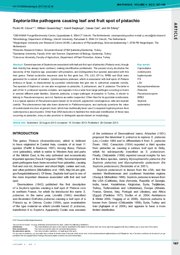 (PDF) Septoria-like pathogens causing leaf and fruit spot of pistachio