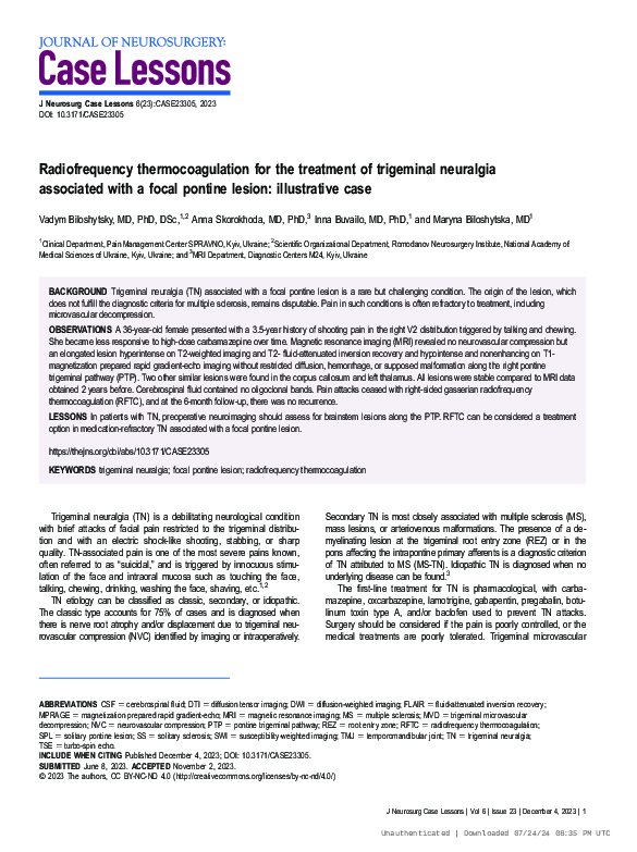 Pdf Radiofrequency Thermocoagulation For The Treatment Of Trigeminal Neuralgia Associated With