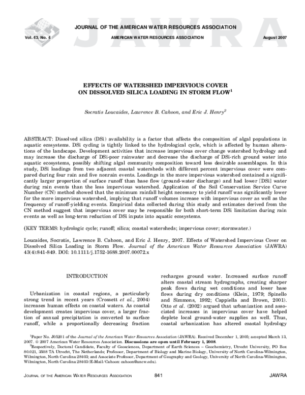 (PDF) Effects of Watershed Impervious Cover on Dissolved Silica Loading ...
