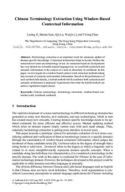 (PDF) Chinese Terminology Extraction Using Window-Based Contextual Information