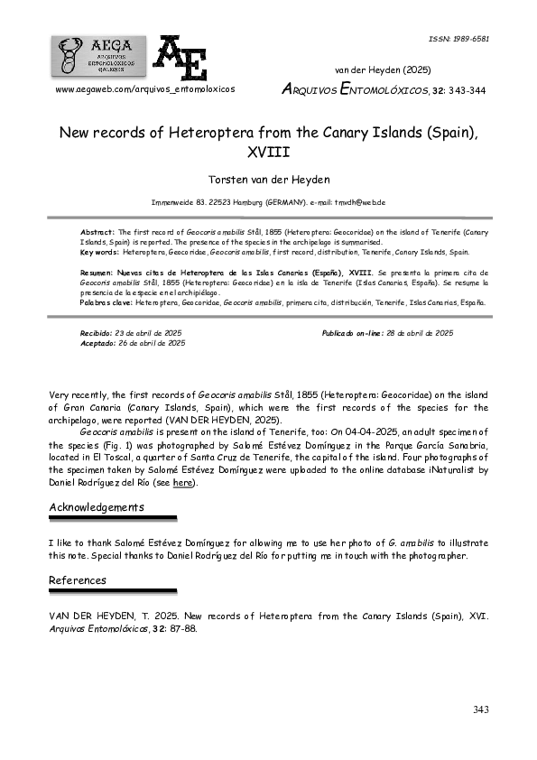 (PDF) New records of Heteroptera from the Canary Islands (Spain), XVIII