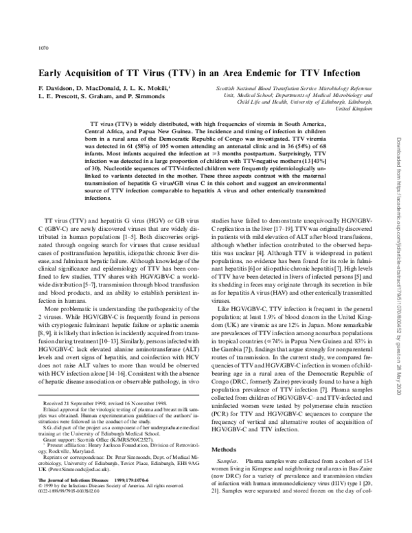 (PDF) Early Acquisition of TT Virus (TTV) in an Area Endemic for TTV ...