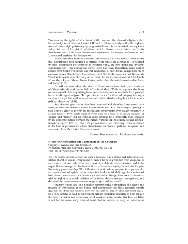(PDF) Filibuster: Obstruction and Lawmaking in the US Senate