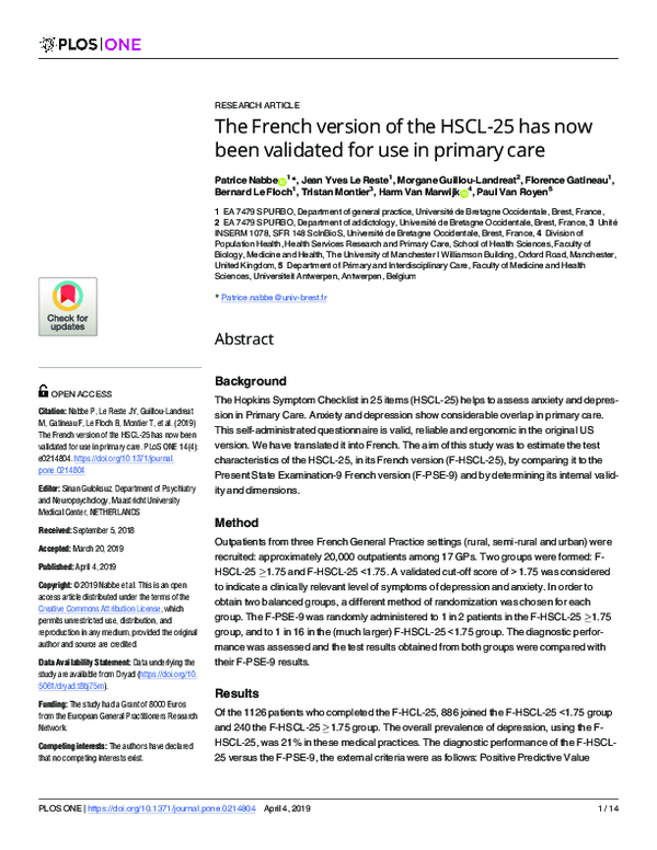 (PDF) The French version of the HSCL-25 has now been validated for use ...
