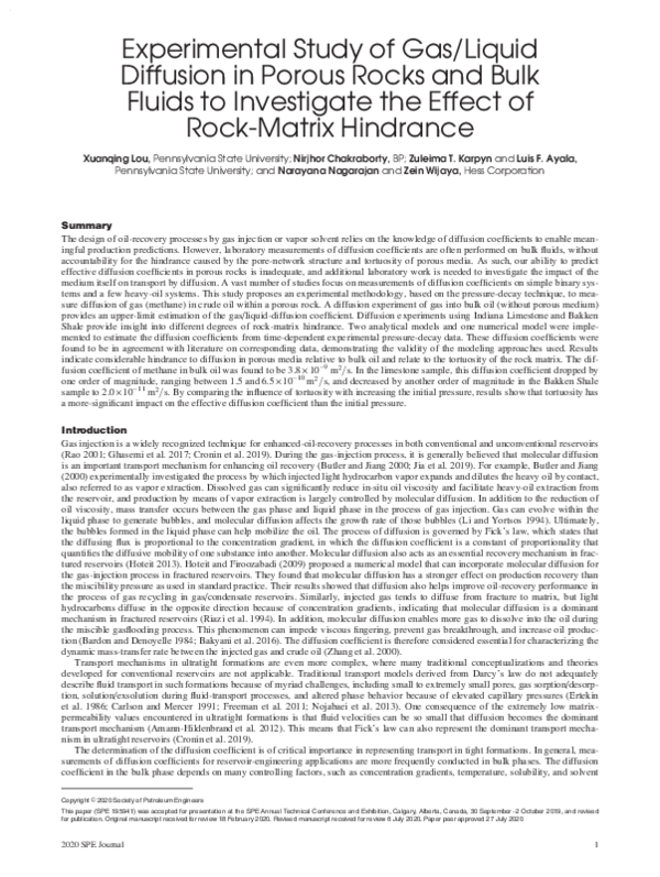 (PDF) Experimental Study of Gas-Liquid Diffusion in Porous Rocks and Bulk Fluids to Investigate ...